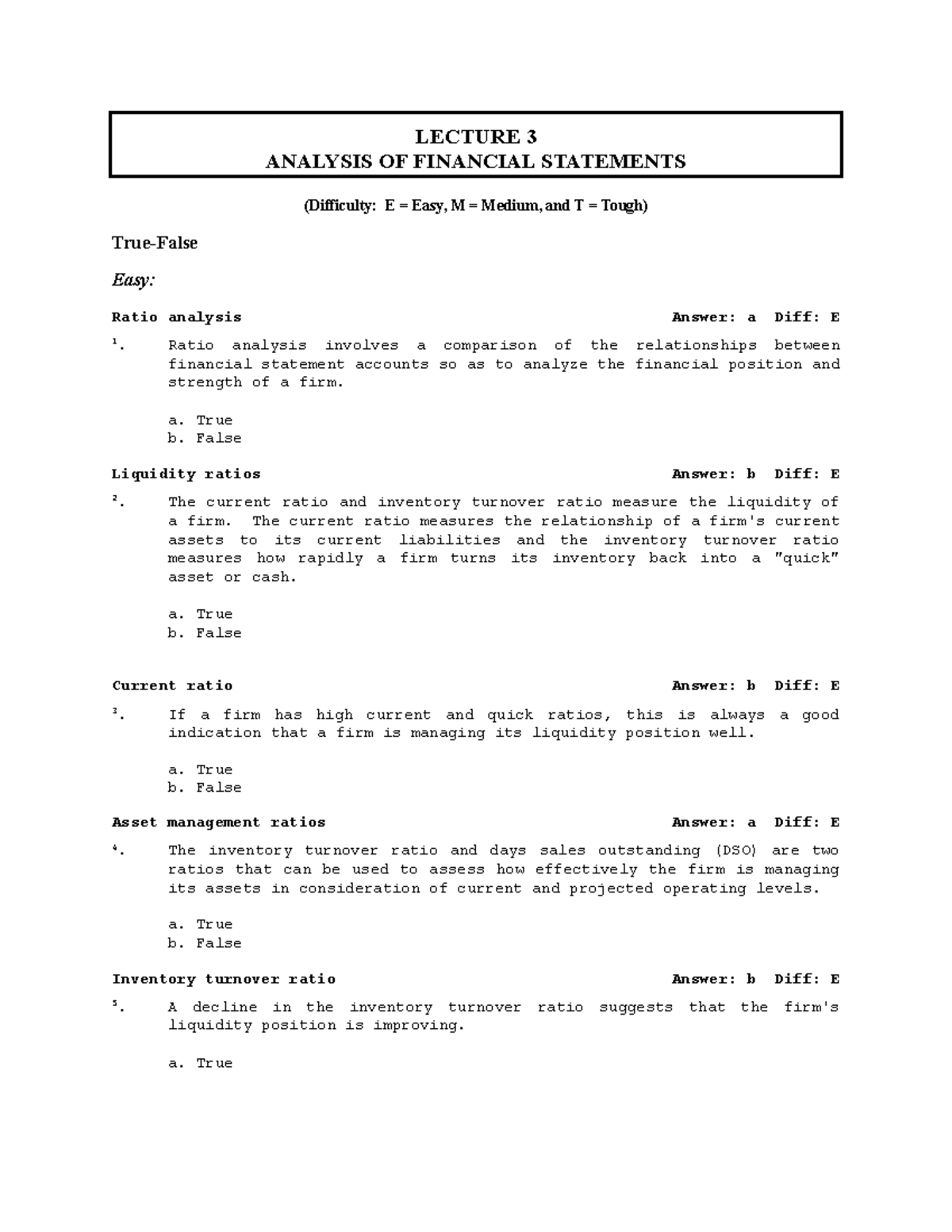 FIN Analysis-testbank - LECTURE 3 ANALYSIS OF FINANCIAL STATEMENTS ...