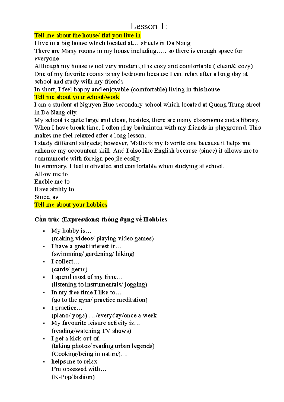 Speaking Lesson 1: My Home, Hobbies, and Daily Routine - Studocu