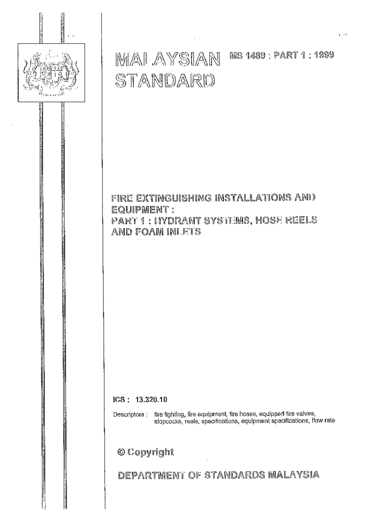 MS 1489: PART 1 - Standards for Fire Extinguishing Hose Reel ...