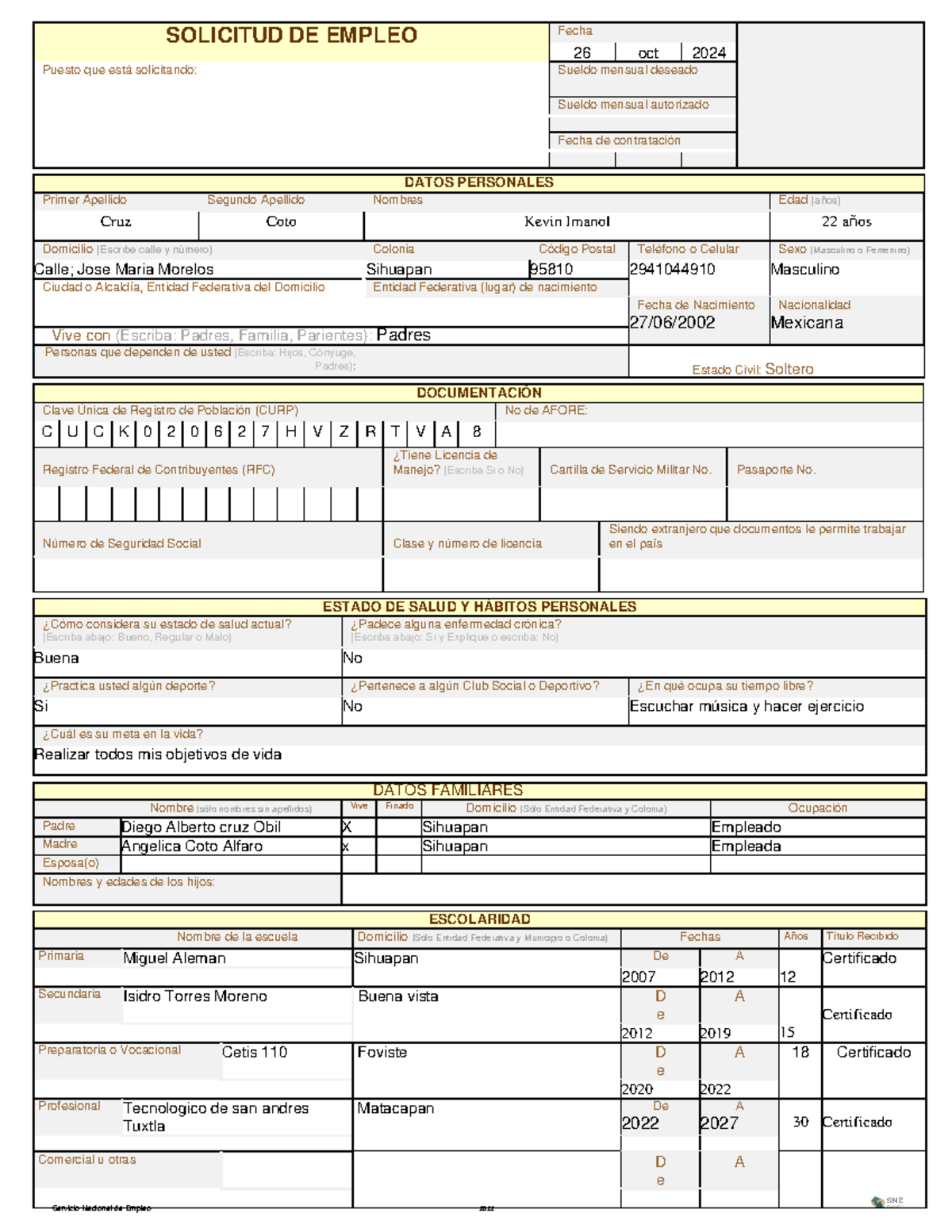 Solicitud de Empleo - Datos Personales y Escolaridad - Studocu