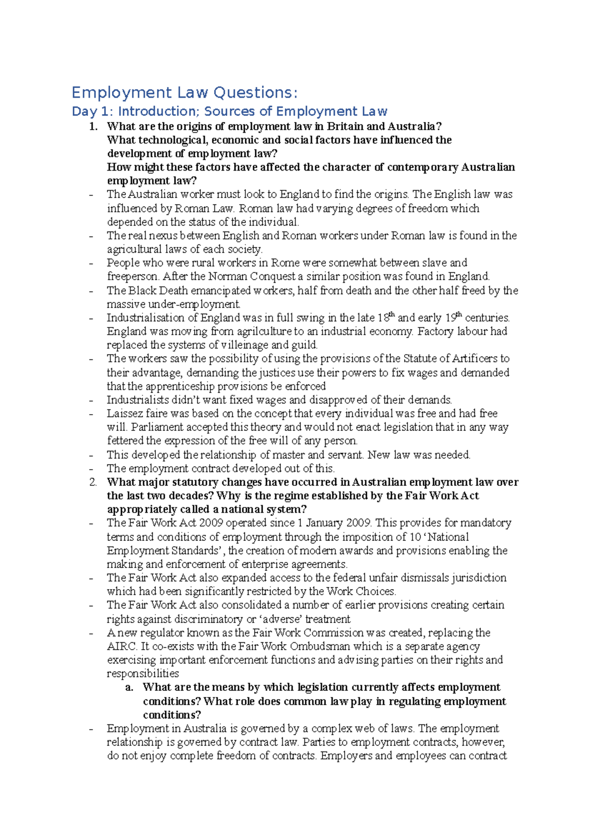 Employment Law Questions - The English law was influenced by Roman Law ...