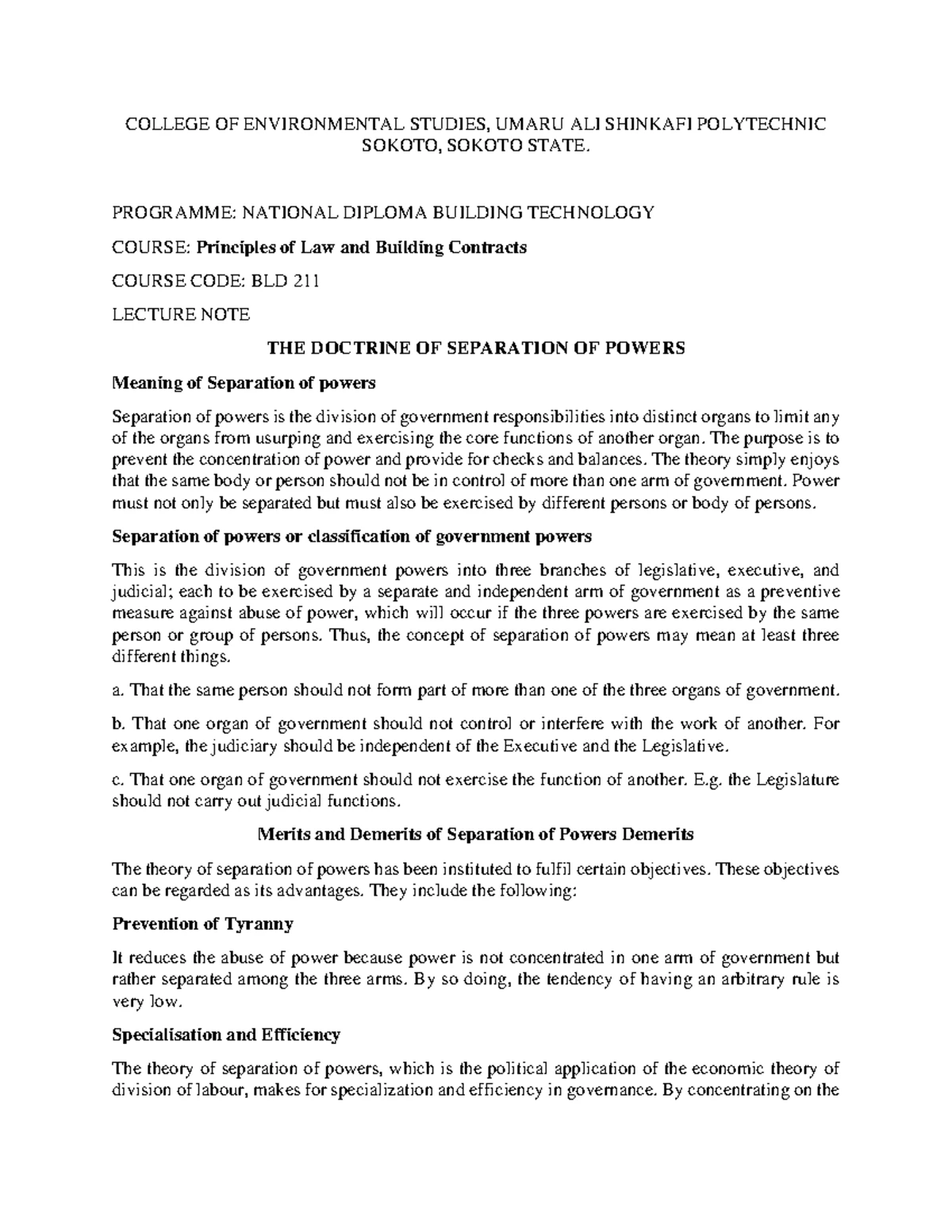 Principles of Law and Building Contracts II: Lecture Notes (BLD 211 ...