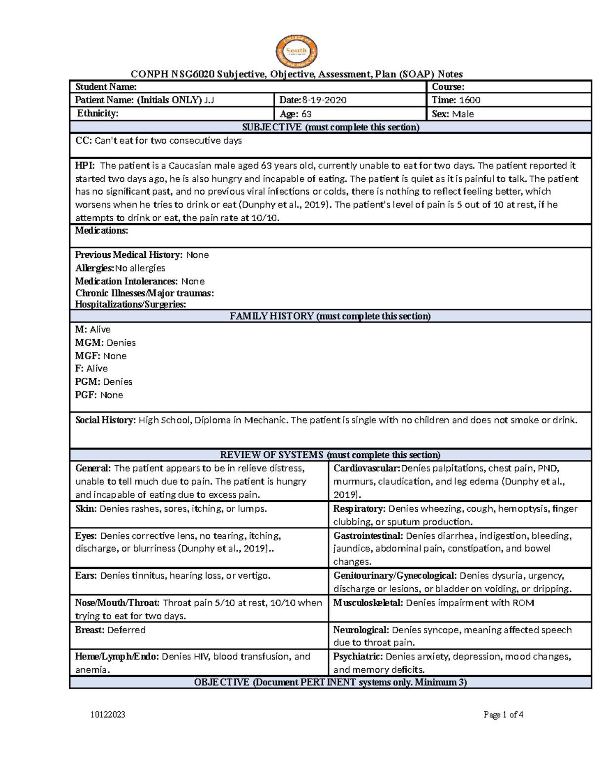 NSG6020 Final Exam SOAP Notes: Patient Assessment and Plan - Studocu