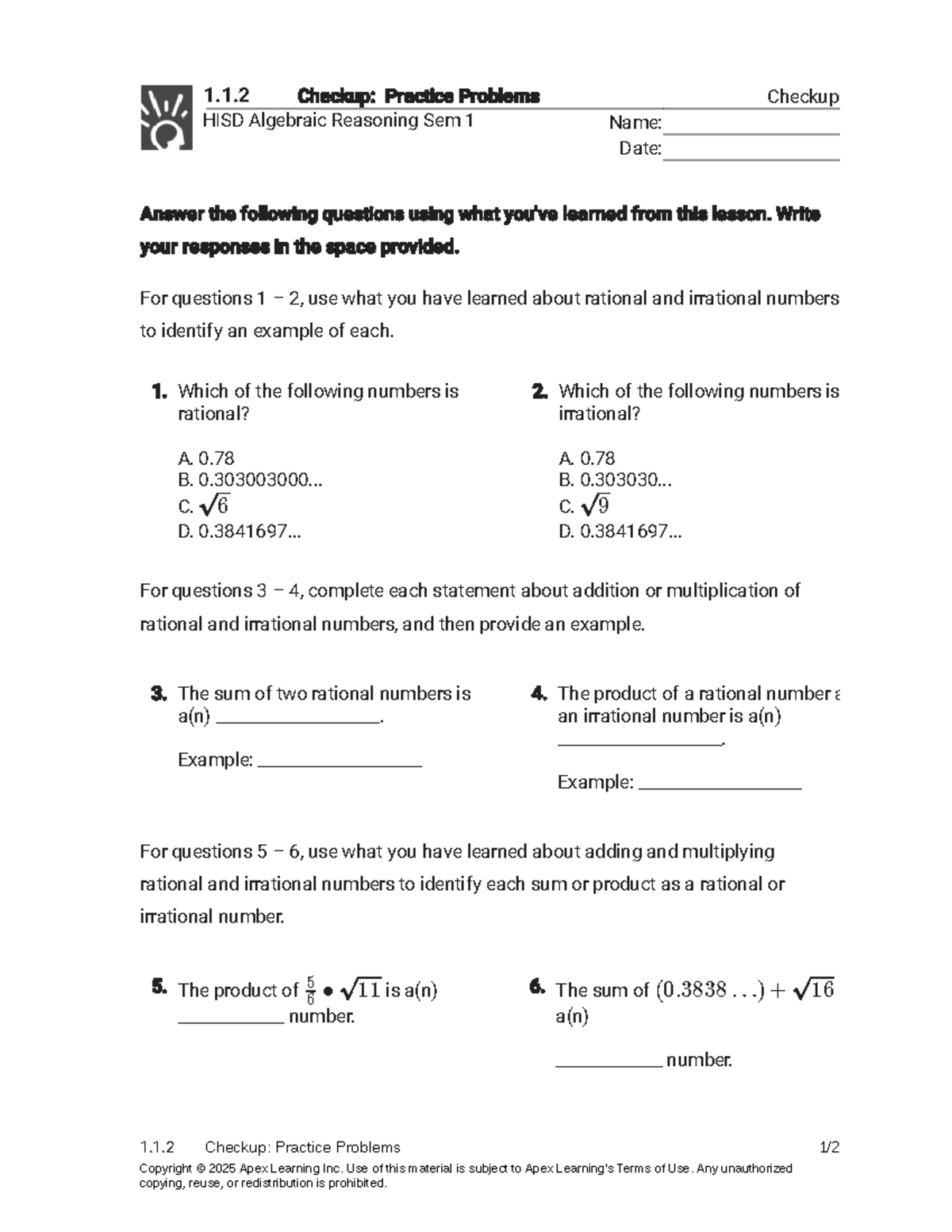 1.1.2 Checkup: Practice Problems on Rational & Irrational Numbers - Studocu