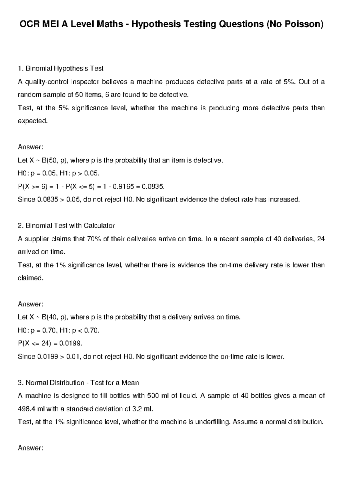 A Level Maths - Hypothesis Testing Q&A (Updated) - Studocu