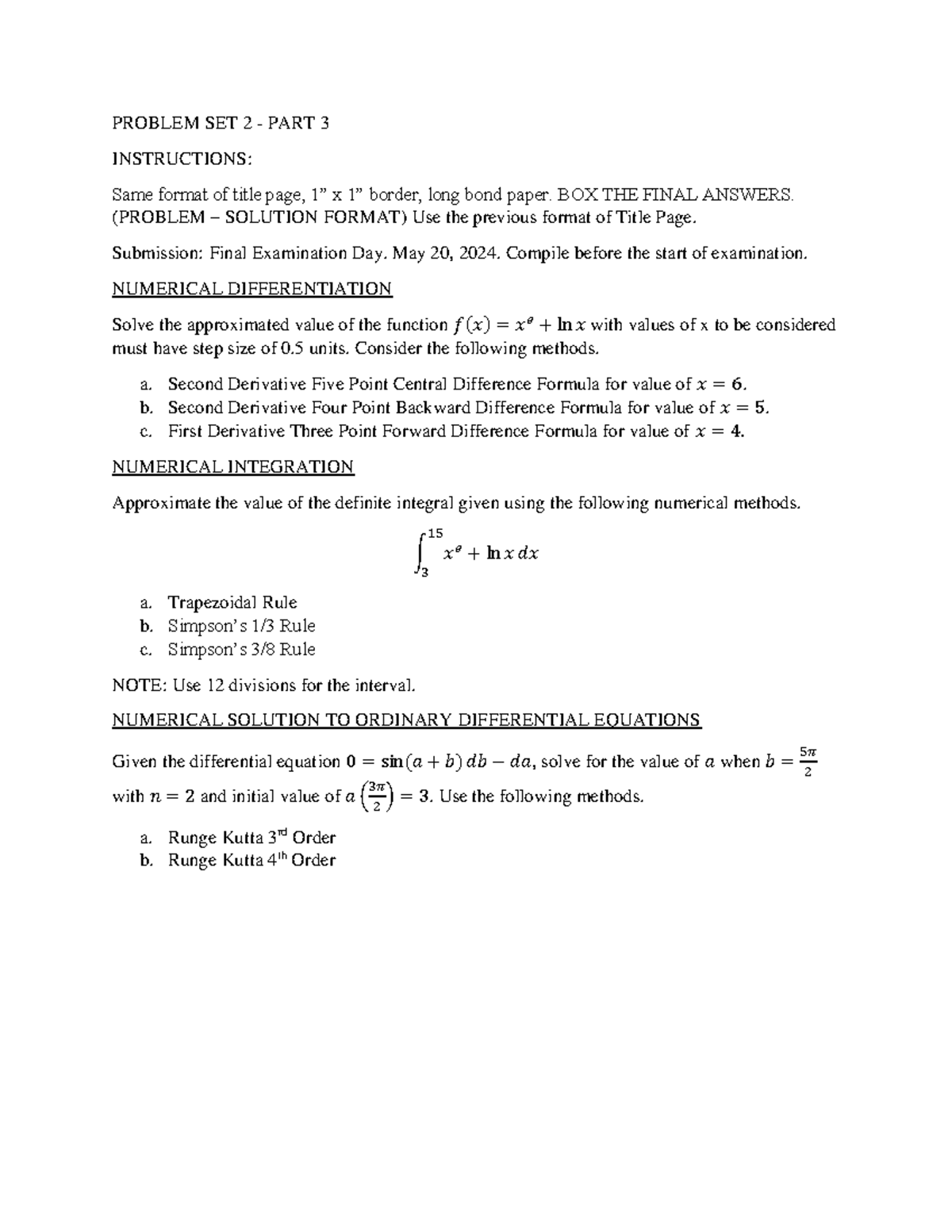Numerical Methods Problem Set 2.3: Final Exam Instructions - Studocu