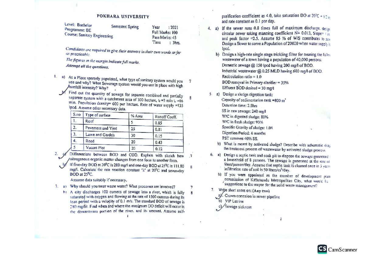 POKHARA UNIVERSITY Sanitary Engineering Final Exam Questions - BE 2021 ...