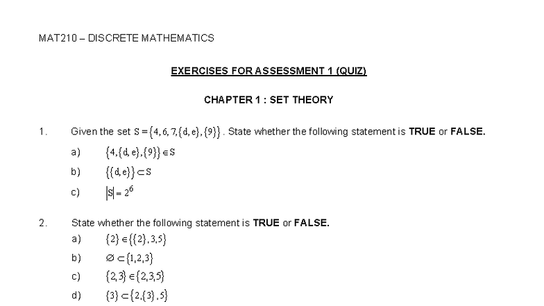 MAT210 DISCRETE MATHEMATICS QUIZ EXERCISES FOR ASSESSMENT 1 - Studocu