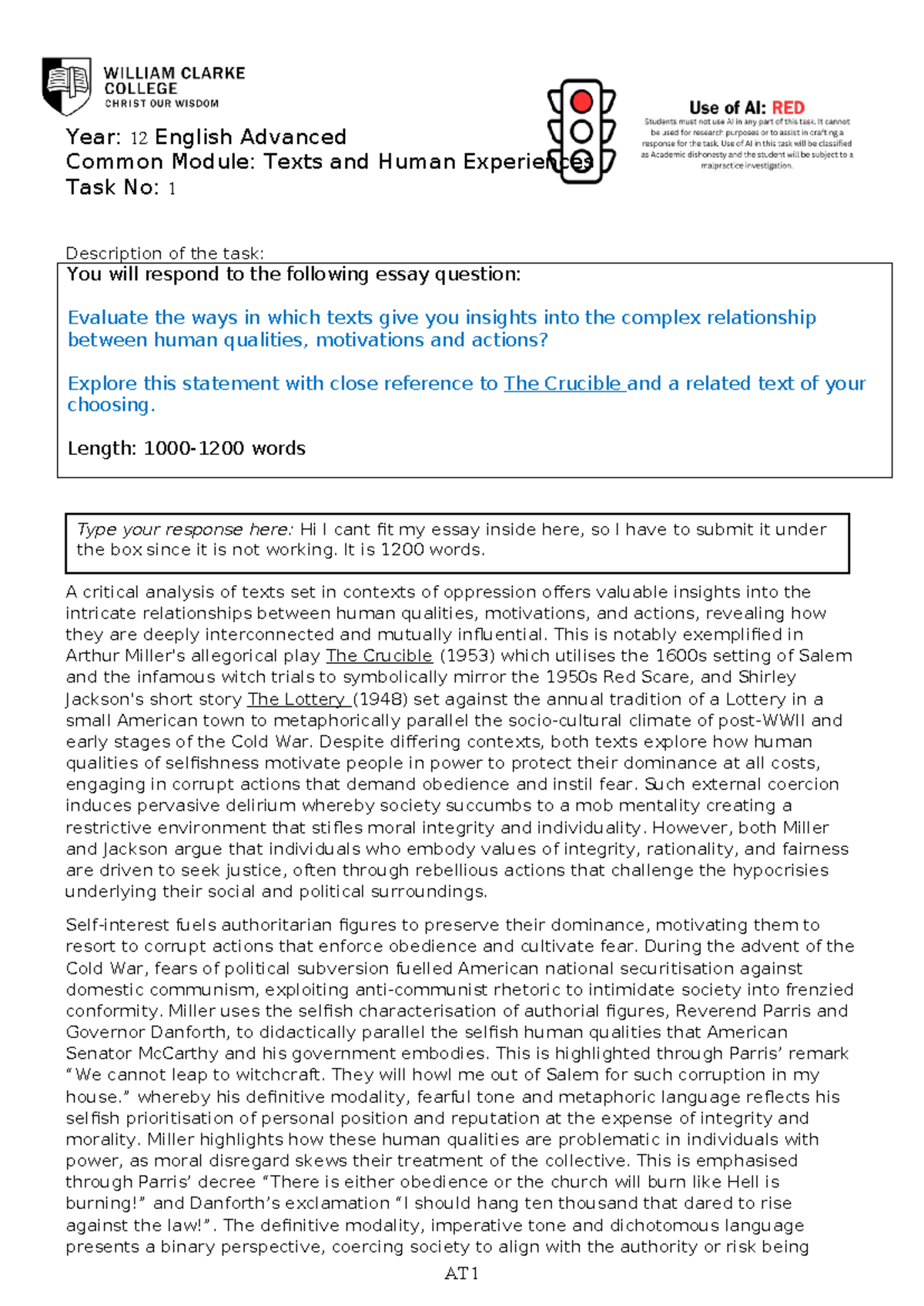 20/20 English Adv Essay: Insights from The Crucible & The Lottery - Studocu