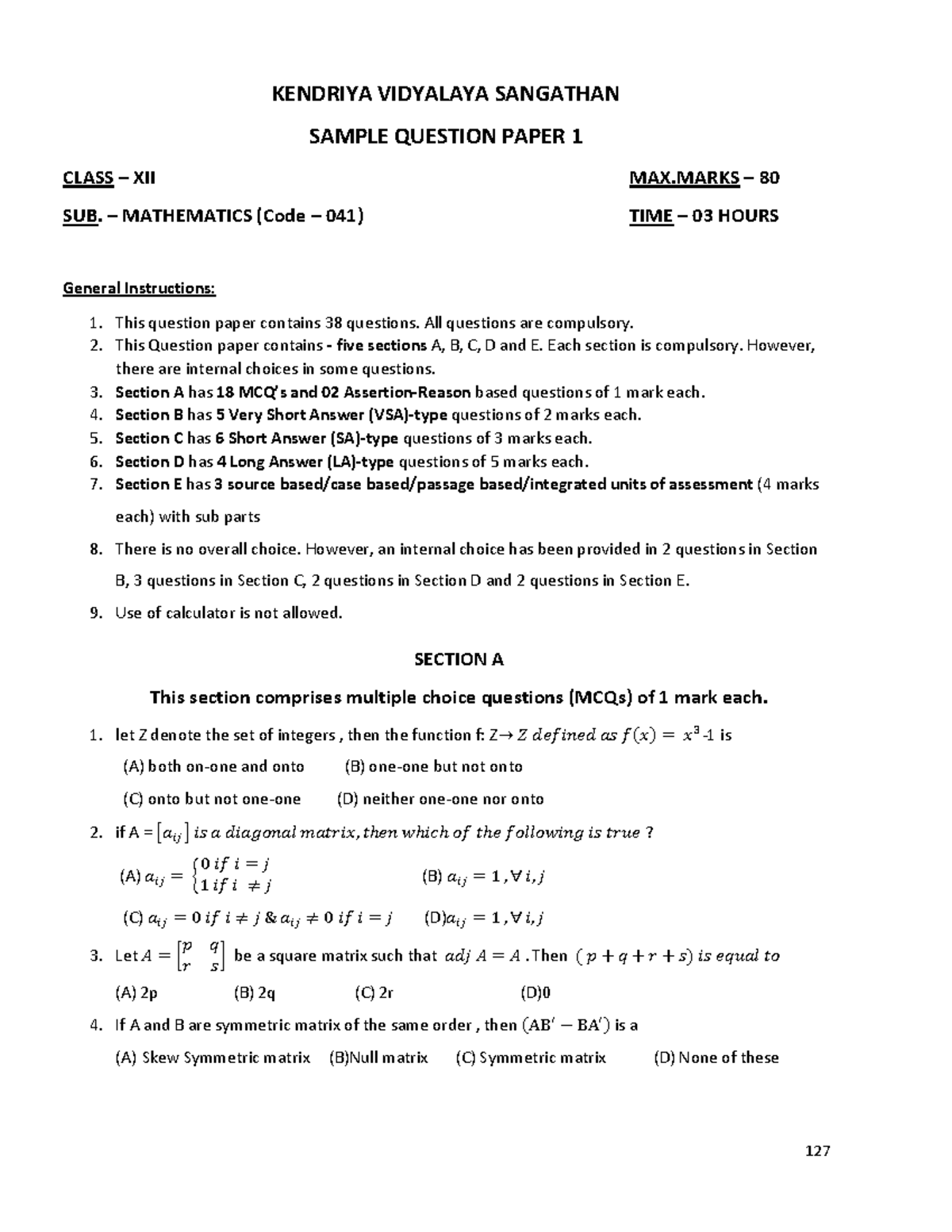 KENDRIYA VIDYALAYA SANGATHAN SAMPLE QUESTION PAPER 1 CLASS XII ...