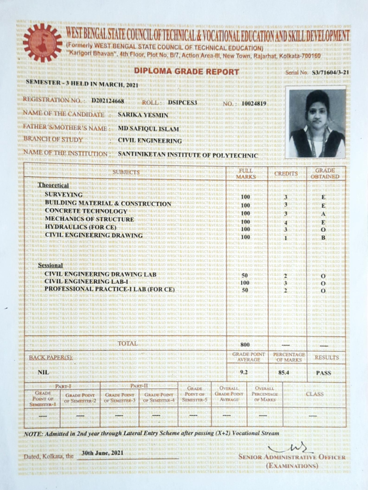 Diploma Marksheet Summary - B-Tech Civil Engineering (Sem 3) - Studocu