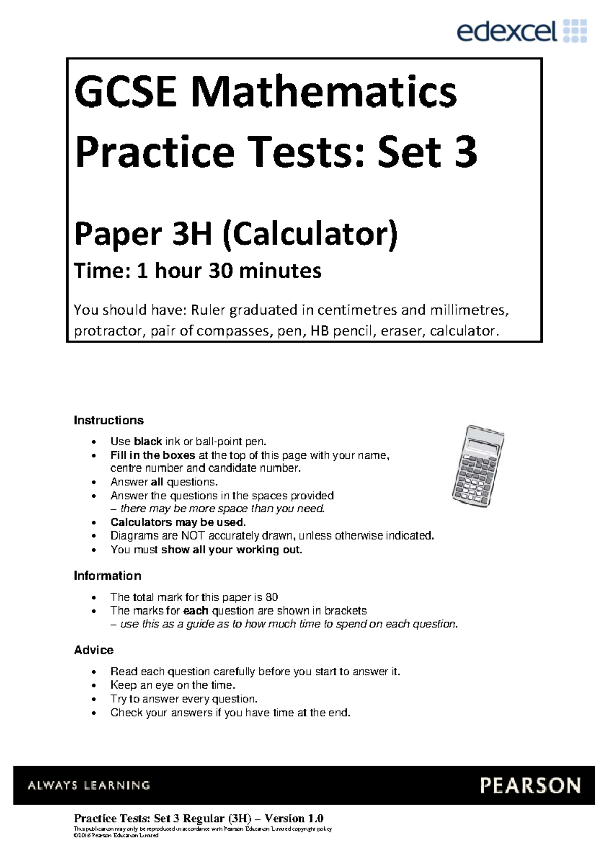 GCSE Maths Practice Test: Set 3 Paper 3H (Calculator) - Studocu