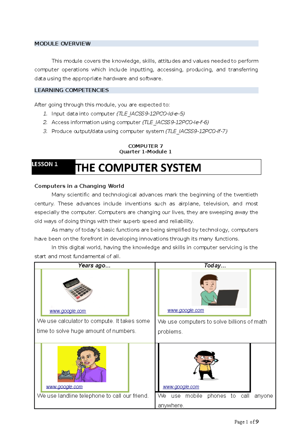 Module 1 - intro to ICT 7 - THE COMPUTER SYSTEM LESSON 1 MODULE ...