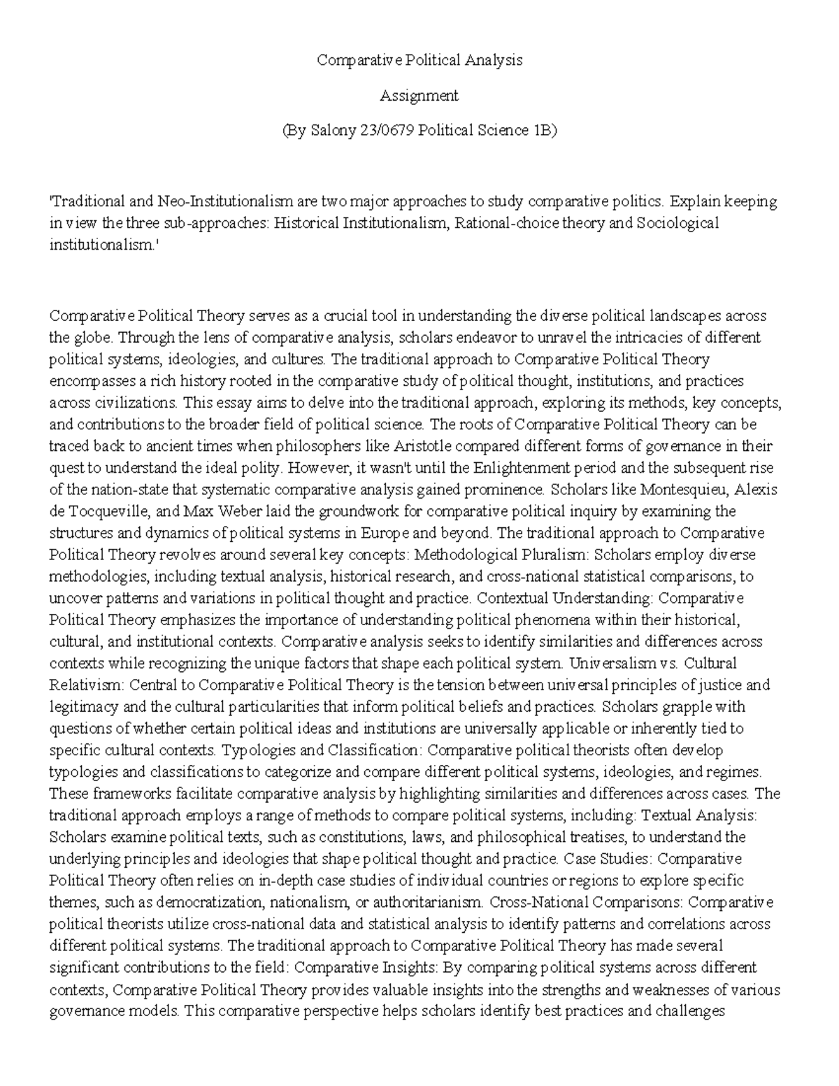 Assignment on Comparative Political Analysis: Traditional vs. Neo ...