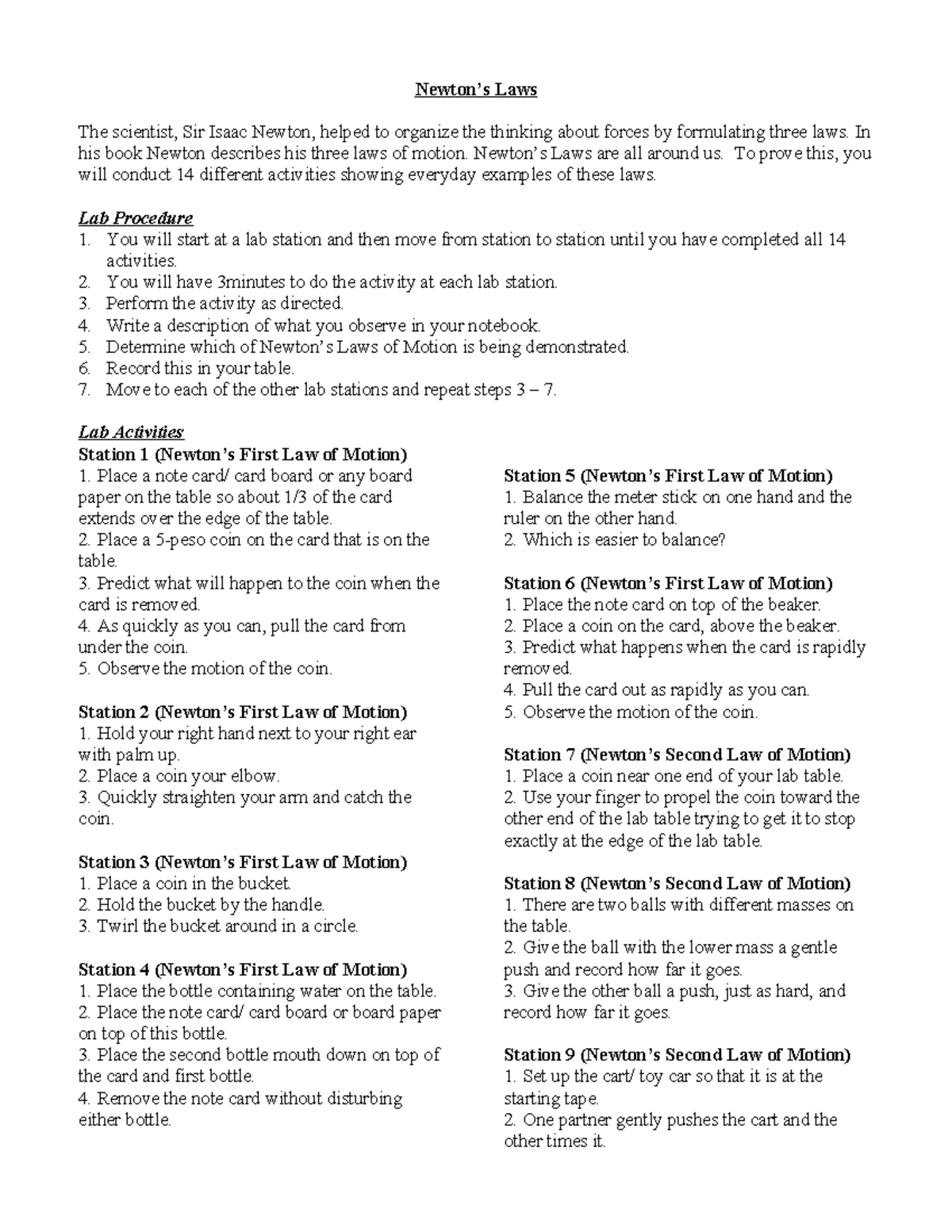 Lab Observations on Newton's Laws of Motion (Physics 101) - Studocu