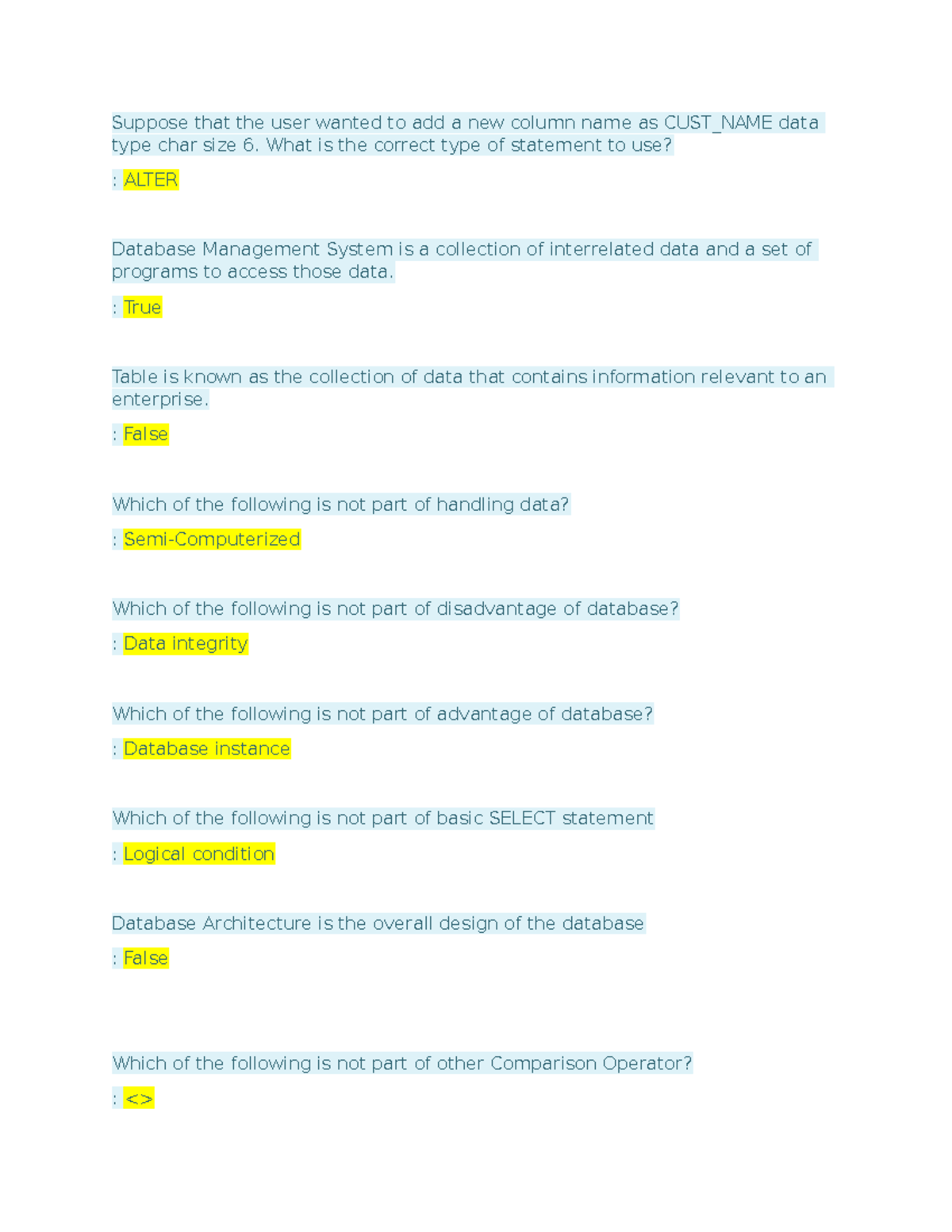 Database (DB) Oracle Pre-Final Exam & Quiz Study Guide - Studocu