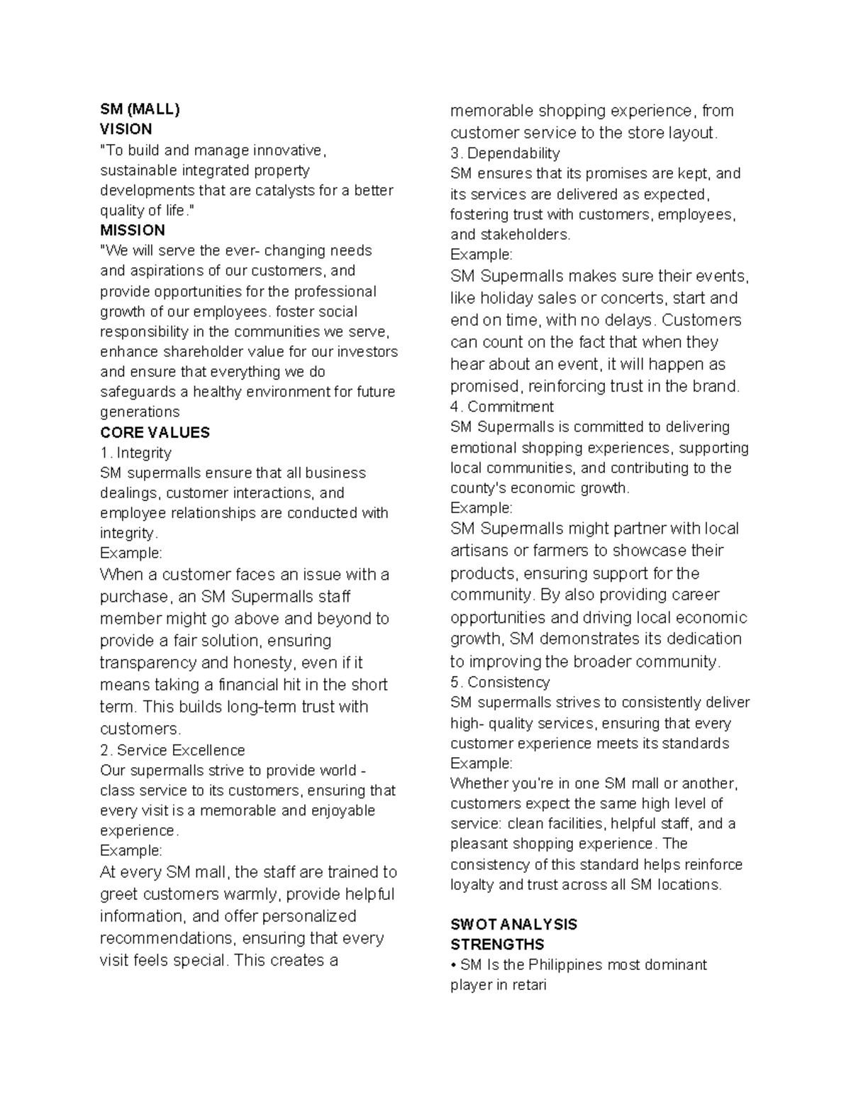 SM - Business Strategy of SM Supermalls: SWOT & Core Values Analysis ...