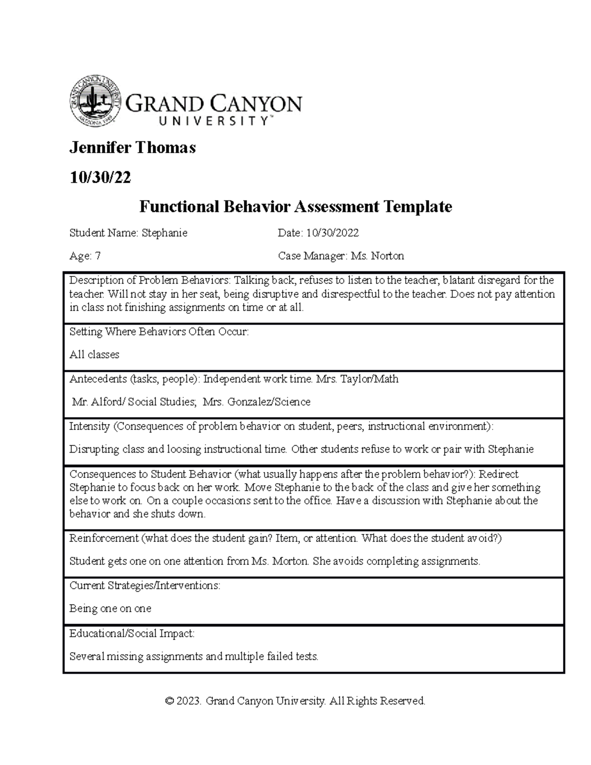 ECS-320-T6-Functional Behavior Assessment Template for Stephanie - Studocu