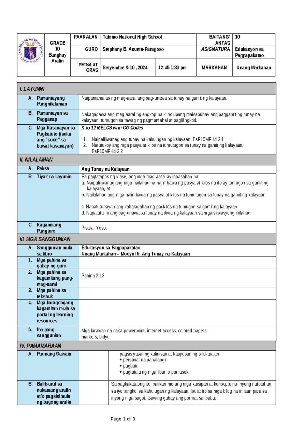 Lesson Plan for ESP 10-Q1-M7: Understanding True Freedom - Studocu