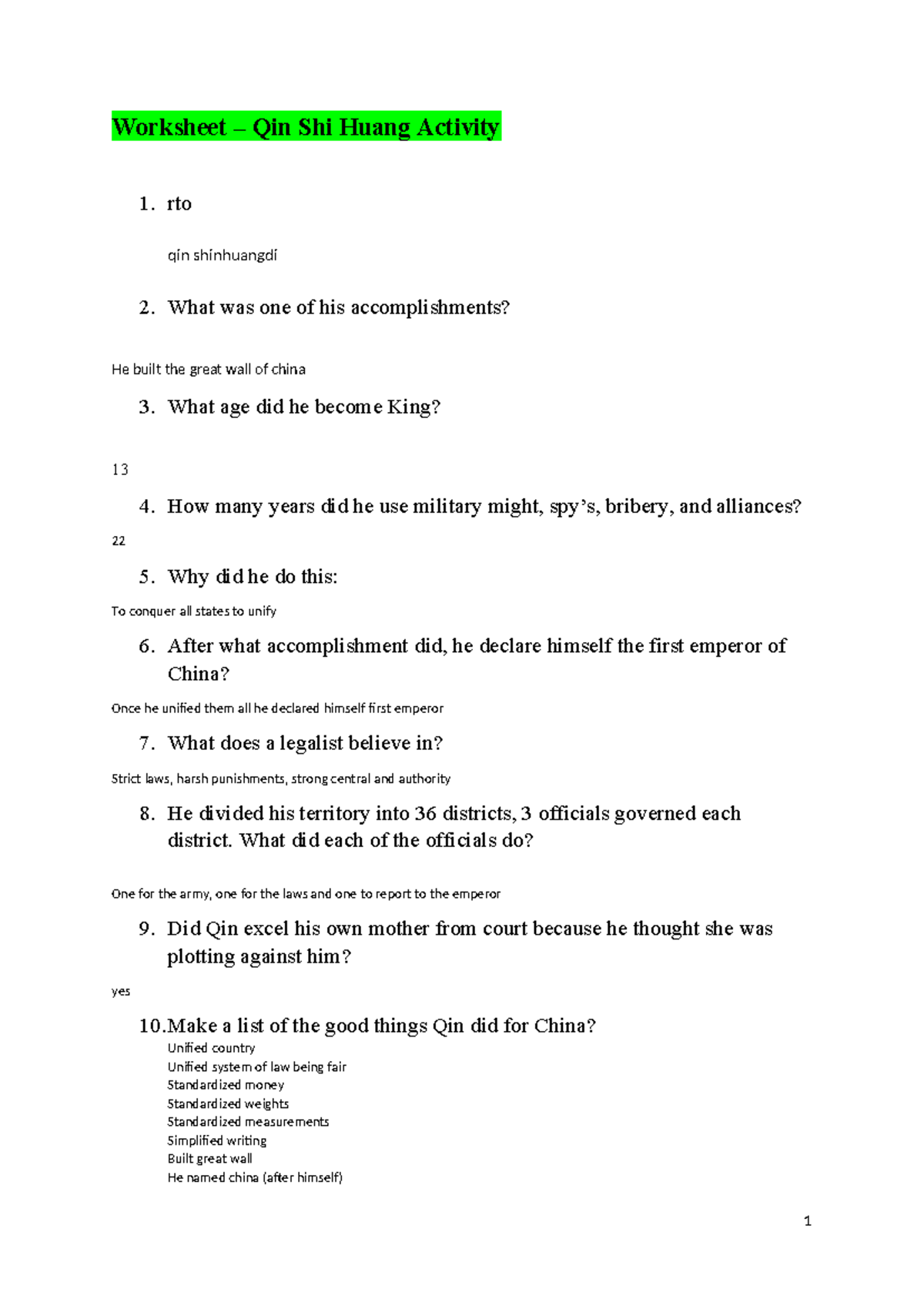 Worksheet: Qin Shi Huang Activity and Achievements - Studocu