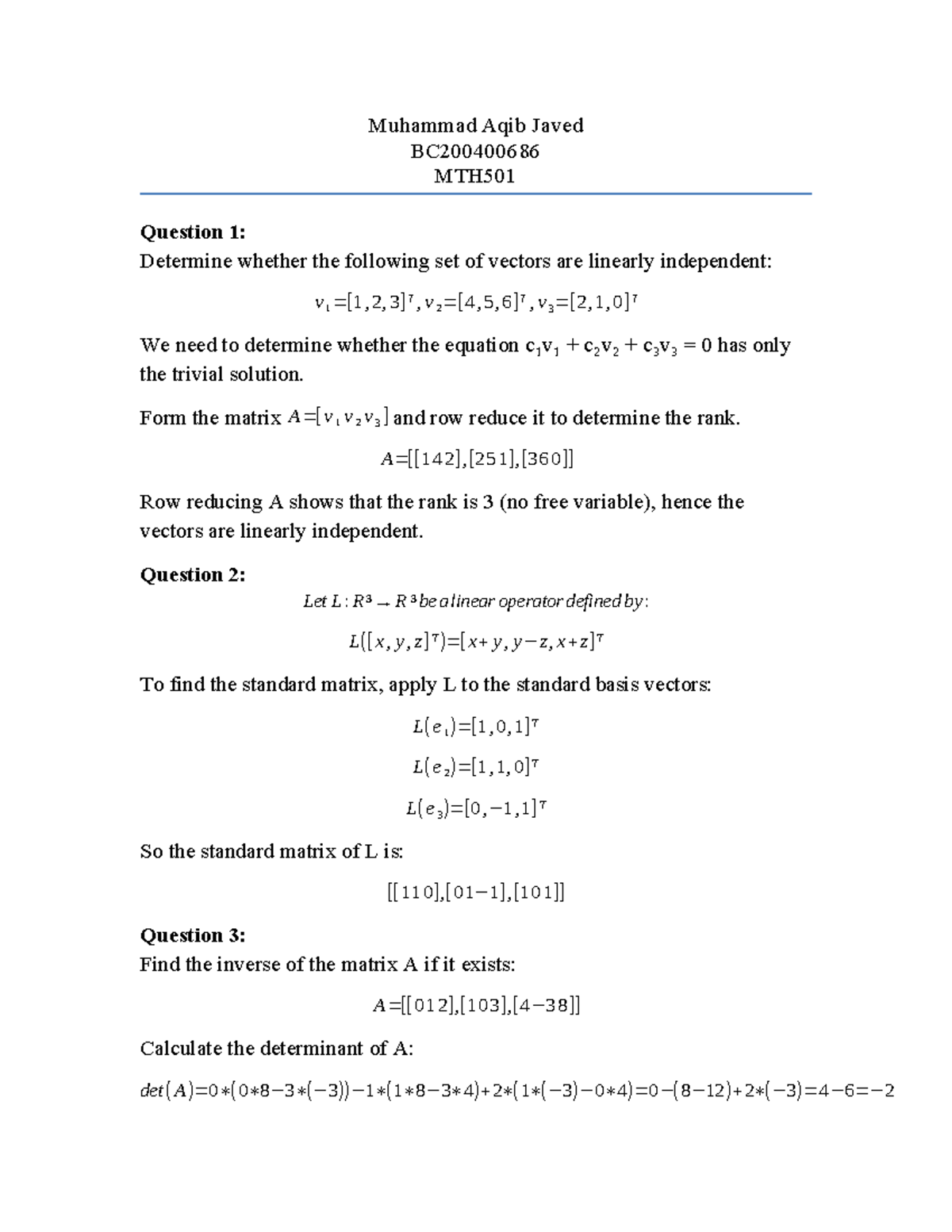 MTH501 Assignment Spring 2025: Linear Independence & Matrix Inverses ...