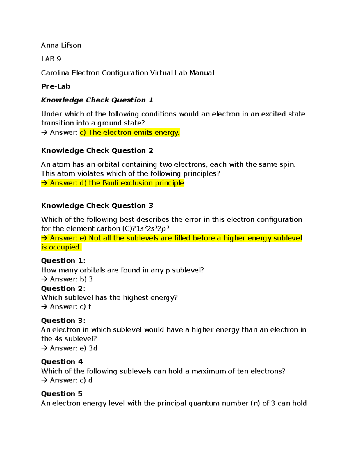 Anna Lifson LAB 9: Electron Configuration Virtual Lab Manual - Studocu