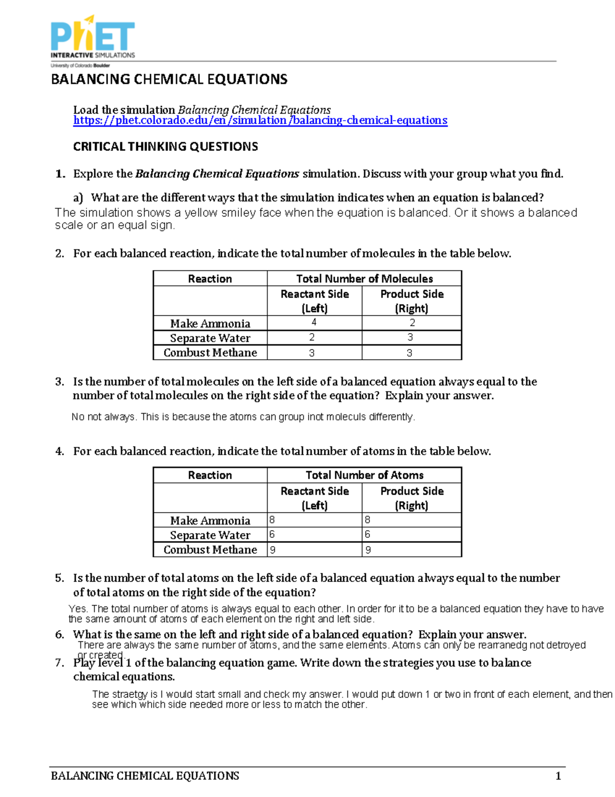 Balancing Chemical Equations: Strategies and Practice Activities - Studocu