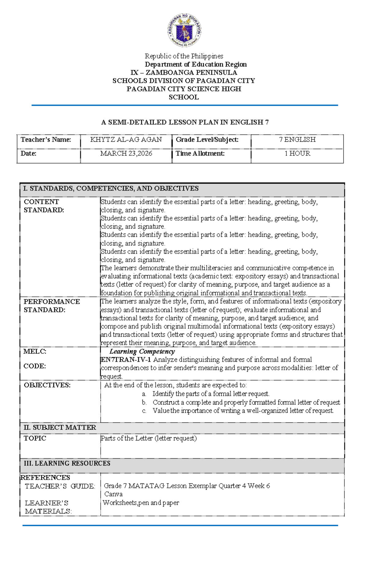 Lesson Plan: English 7 - Parts of a Formal Letter (Final Demo) - Studocu
