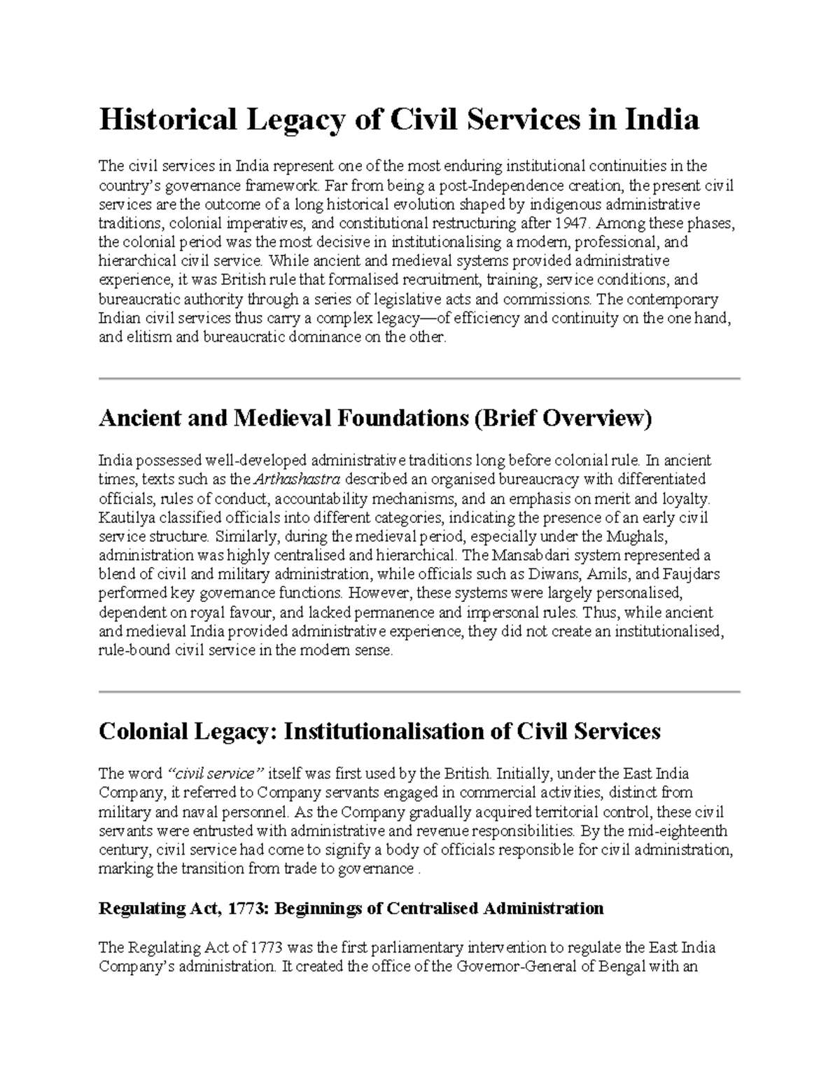 Historical Legacy of Civil Services in India: A UPSC Perspective - Studocu