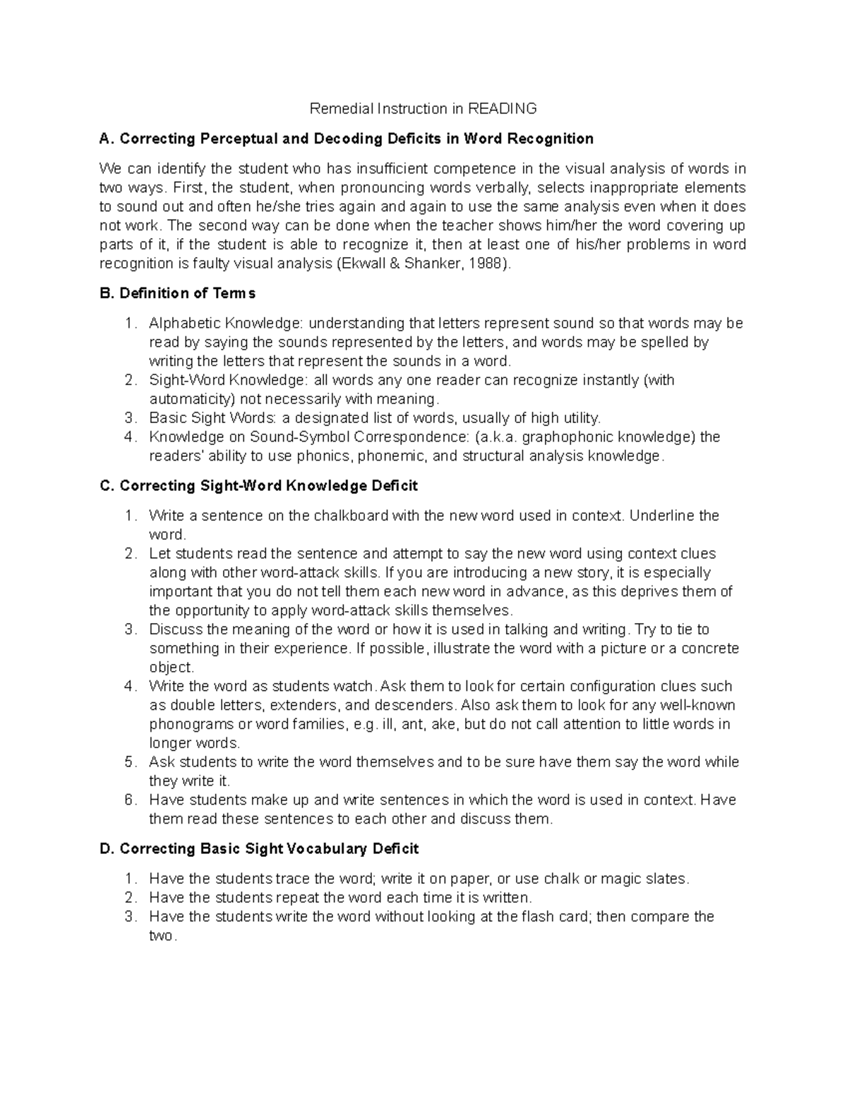 Remedial Instruction in Reading: Techniques for Word Recognition and ...