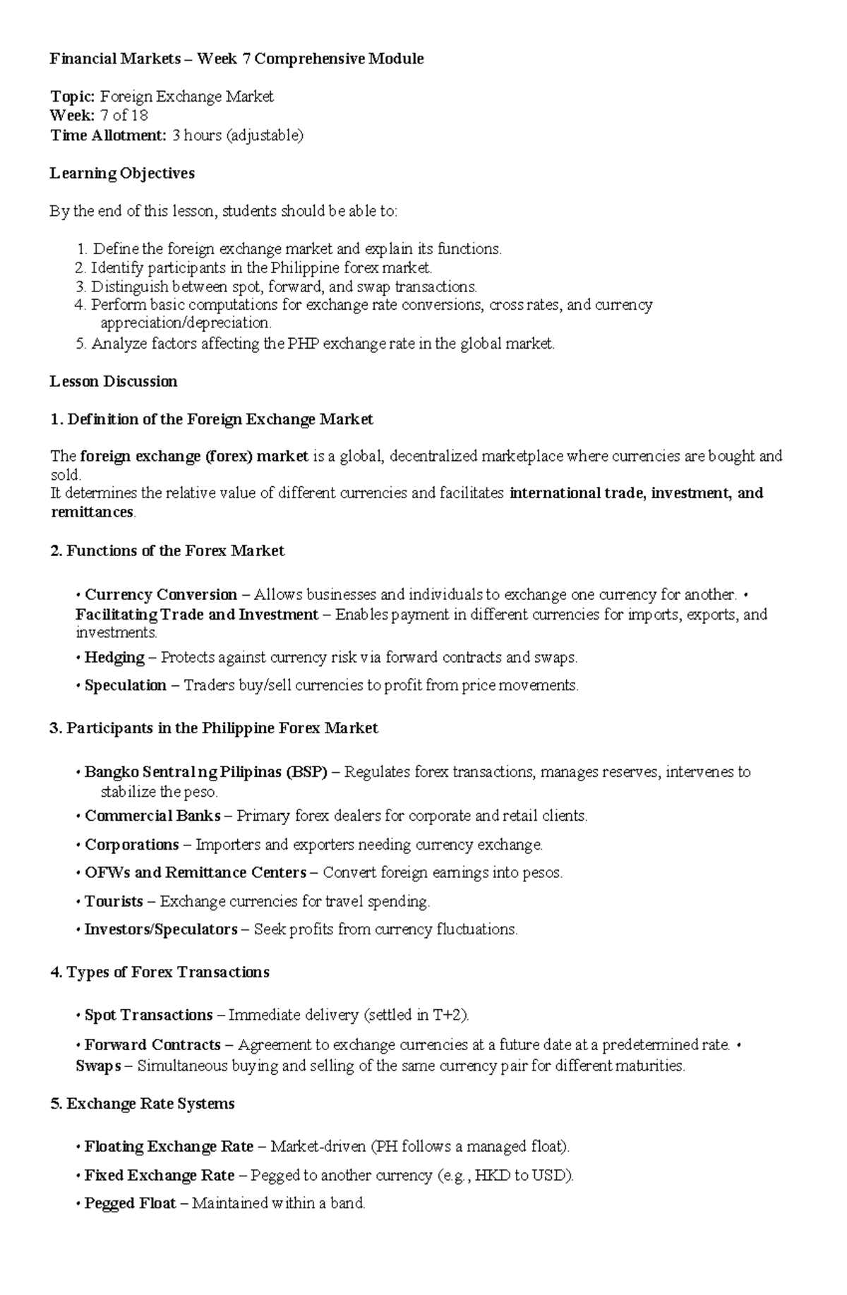 Financial Markets (FIN 101) Week 7: Foreign Exchange Market Overview ...
