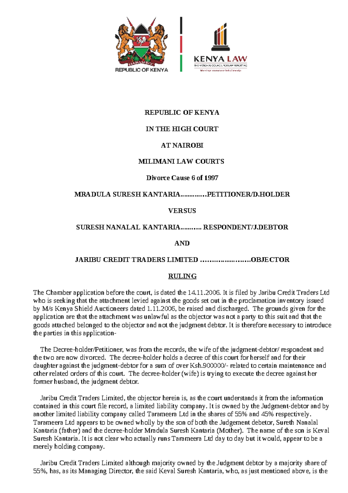 Mradula Suresh Kantaria v Suresh Nanalal Kantaria: Divorce Cause 6 of ...
