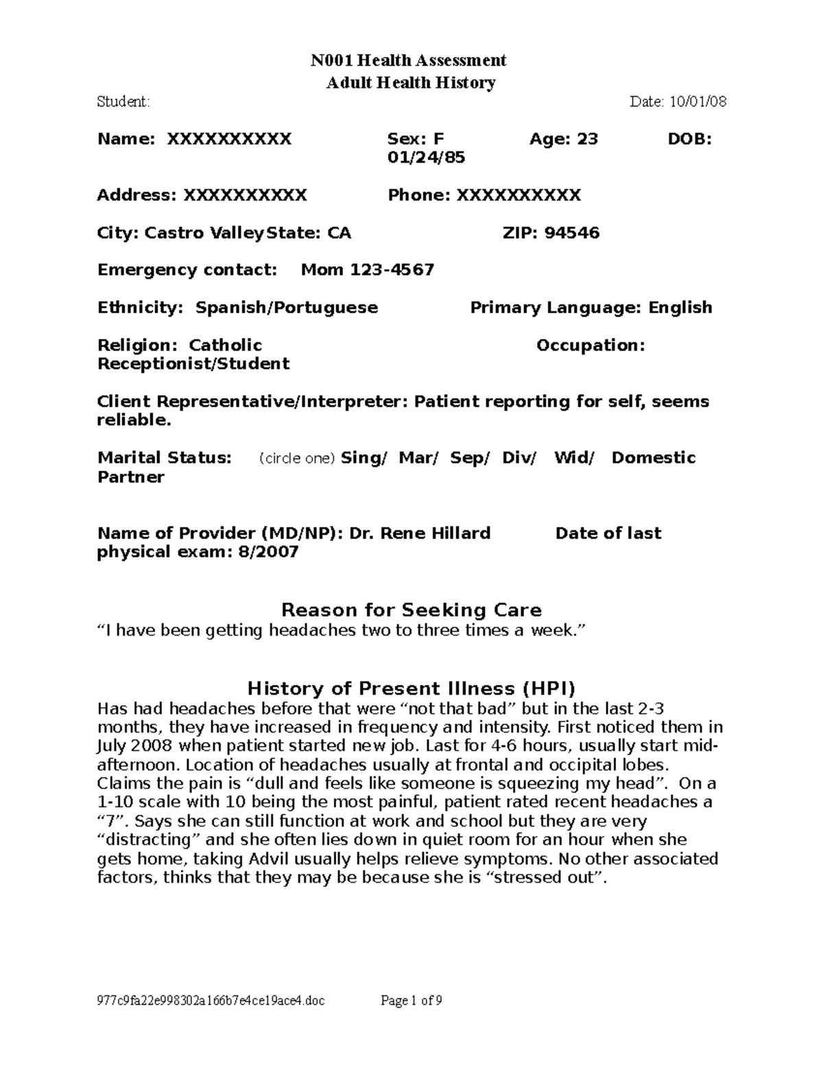 Adult Health History Sample - Patient Case Study Examination - Studocu