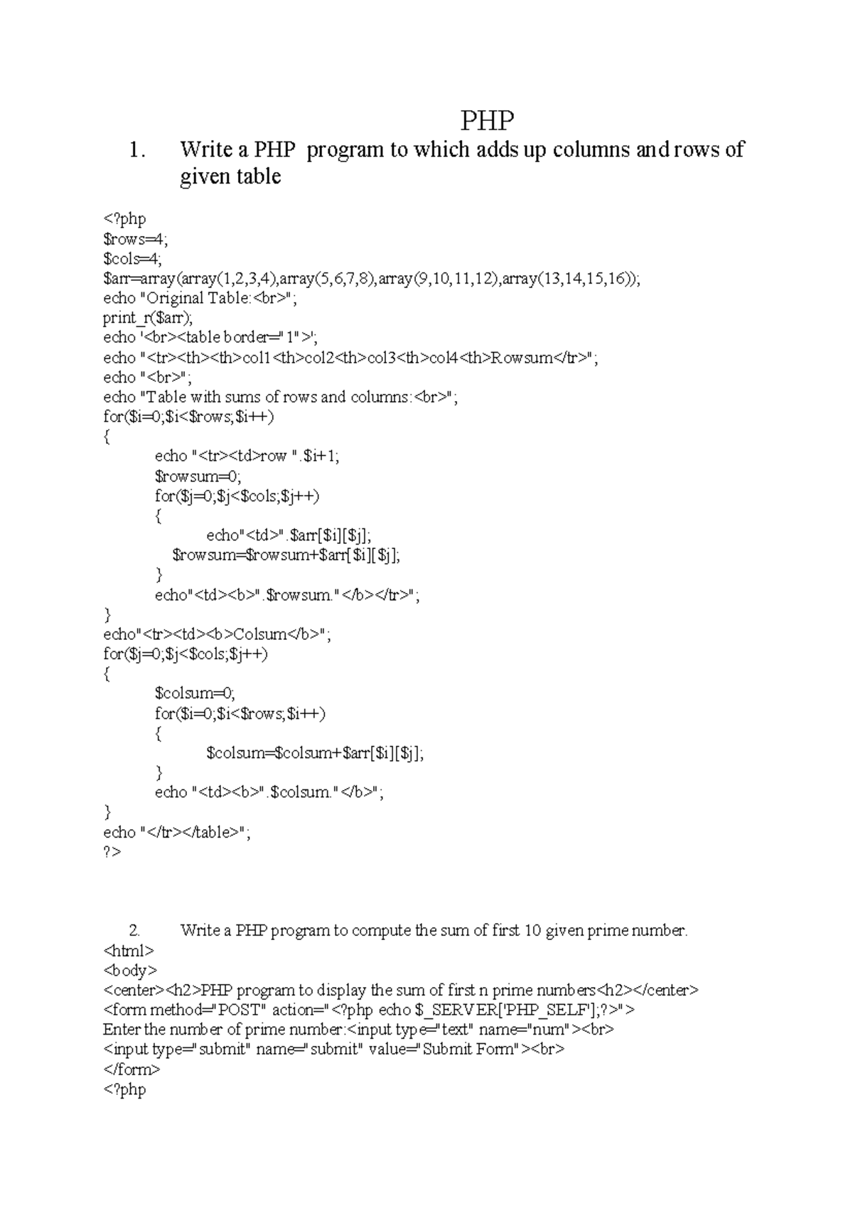 PHP Programming Exercises: Functions, Arrays & Logic (CS101) - Studocu