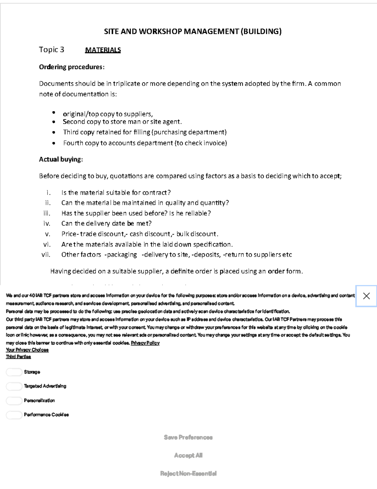 SITE AND WORKSHOP MANAGEMENT (BUILDING) - MATERIALS ORDERING PROCEDURES ...