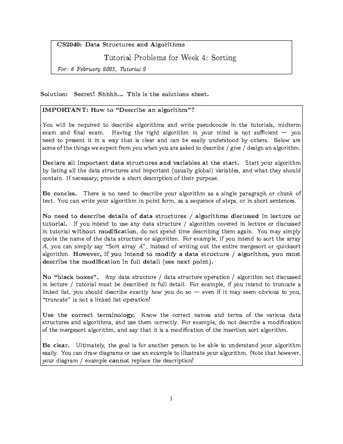 CS2040: Data Structures & Algorithms Tutorial 2 Solutions - Week 4 Sorting - Studocu