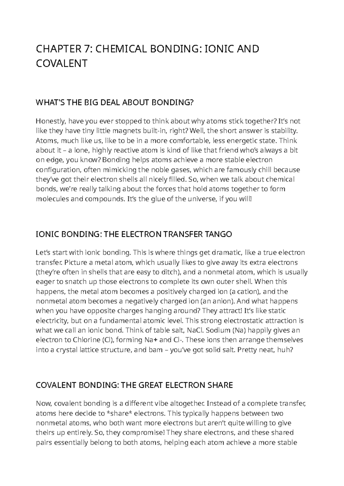 CH 7: Review of Chemical Bonding - Ionic & Covalent Bonds - Studocu