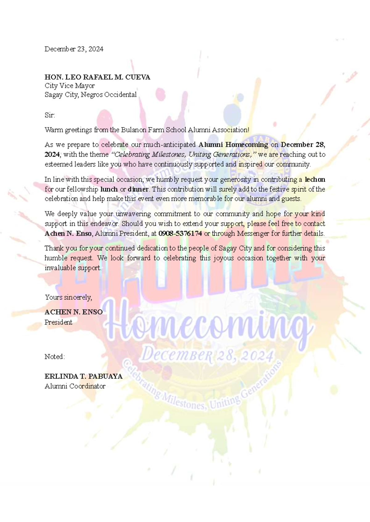 Letter to Vice Mayor Cueva - Alumni Homecoming Support Request - Studocu