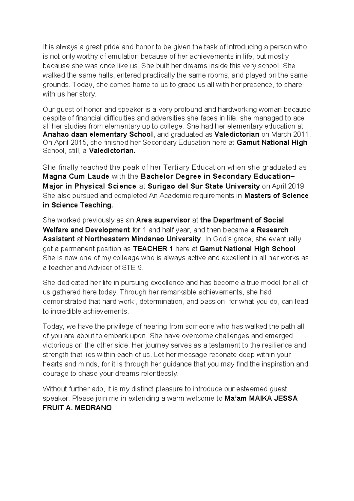 Introduction of Guest Speaker: Ma'am Maika Jessa Medrano - Studocu