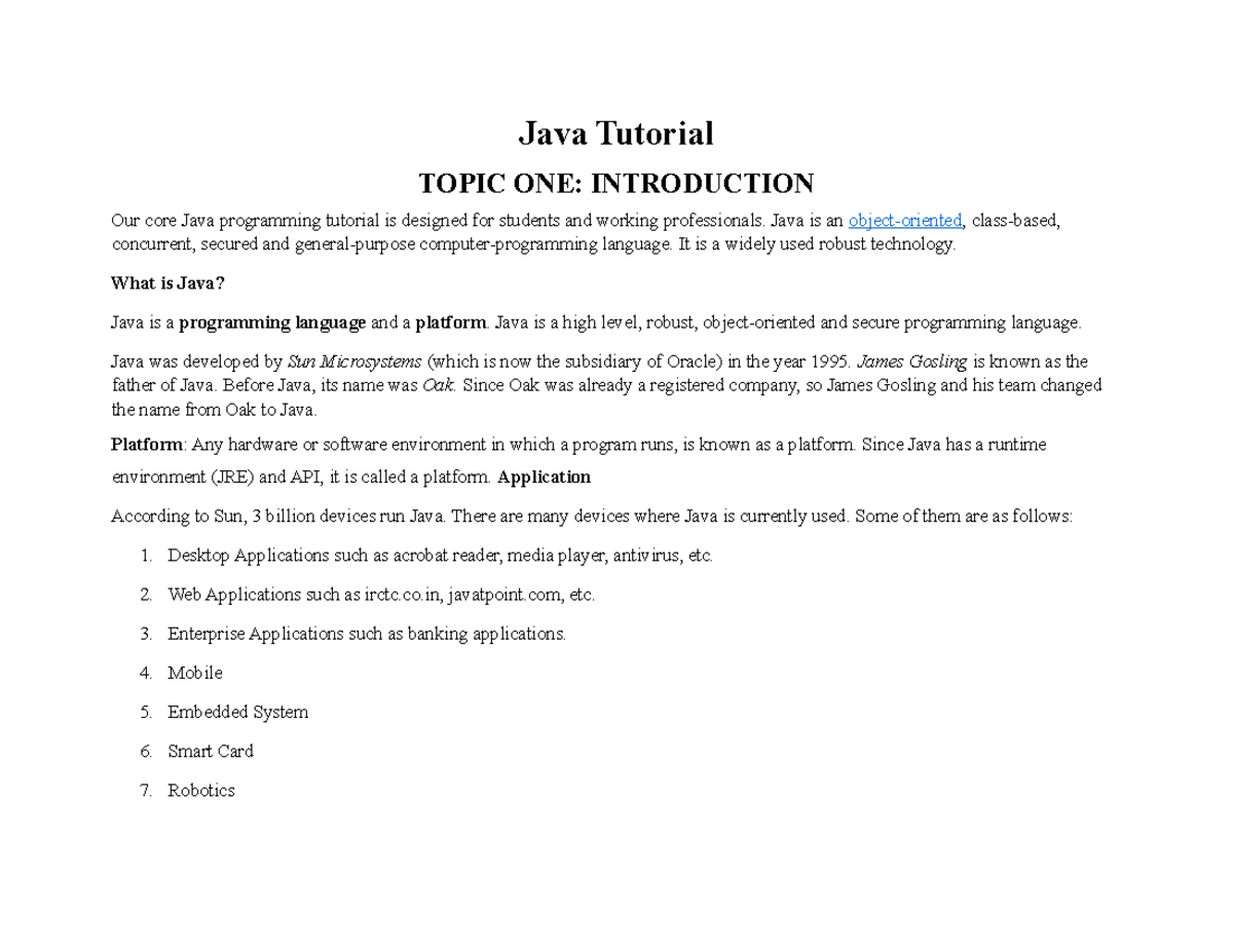 Java Tutorial: Introduction to Core Concepts and Applications - Studocu