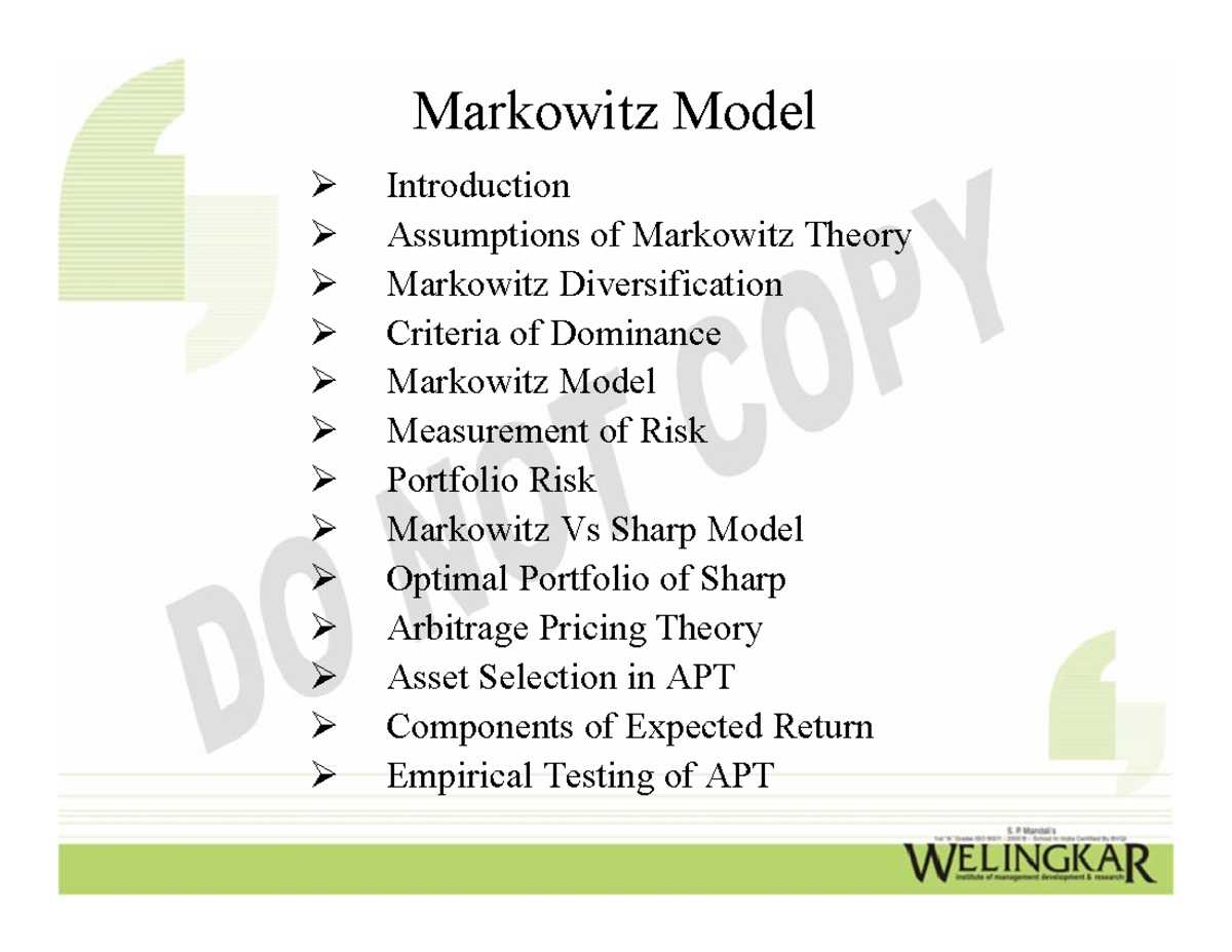 Chapter 06 - Summary of Portfolio Selection & Markowitz Theory - Studocu