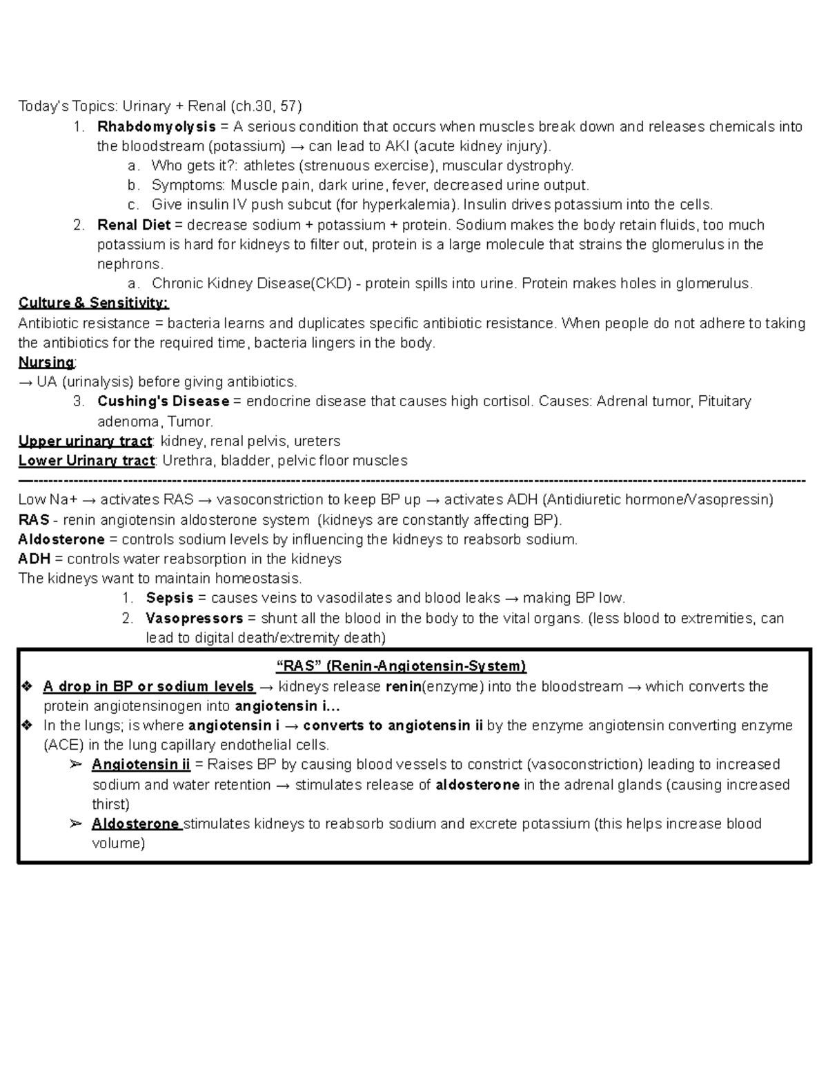 NRS 110 In class notes - Today’s Topics: Urinary + Renal (ch, 57) 1 ...