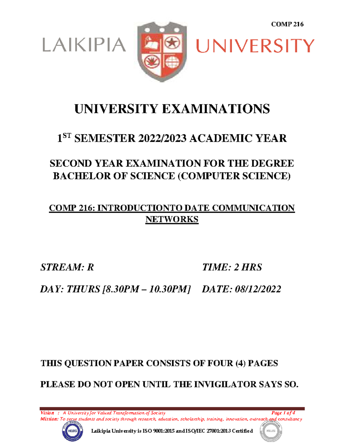 COMP 216 - 1st Semester University Exam: Data Communication Networks ...