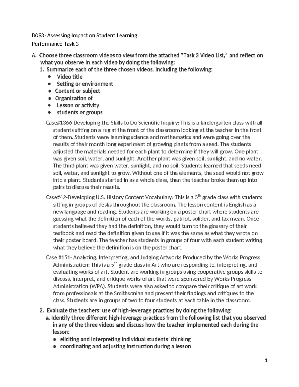 D093- Performance Assessment Task 3 - D093- Assessing Impact on Student Learning Performance ...