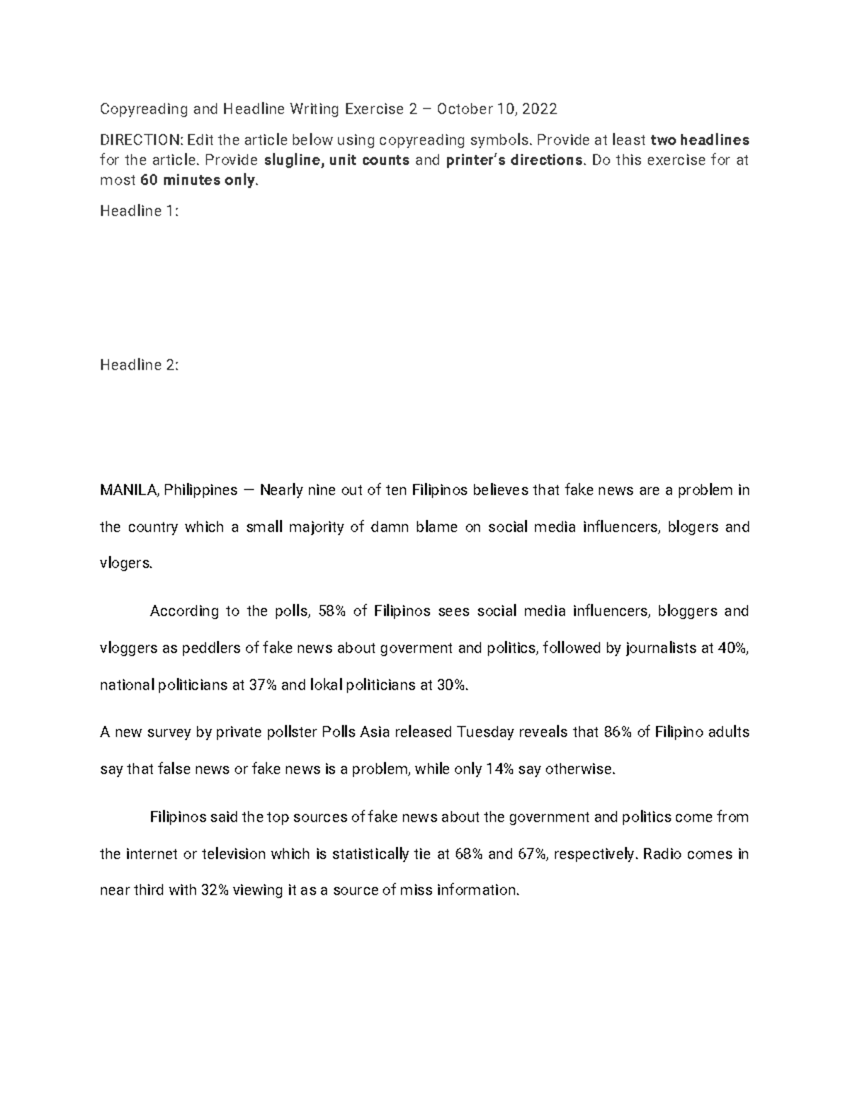 Copyreading & Headline Writing Exercise 2: Fake News Survey Insights ...