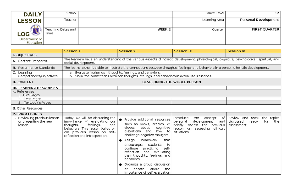 Perdev 12 Q1 Week 2 Lesson Log: Evaluating Thoughts & Behaviors - Studocu