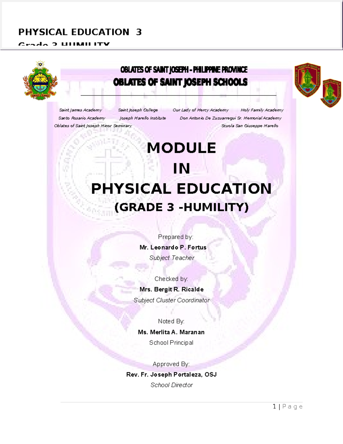 Physical Education First - PHYSICAL EDUCATION 3 Grade 3 HUMILITY Saint ...