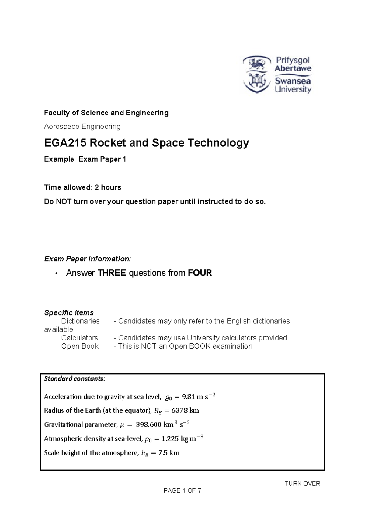 EGA215 Rocket and Space Technology Example Exam Paper 1 - Studocu