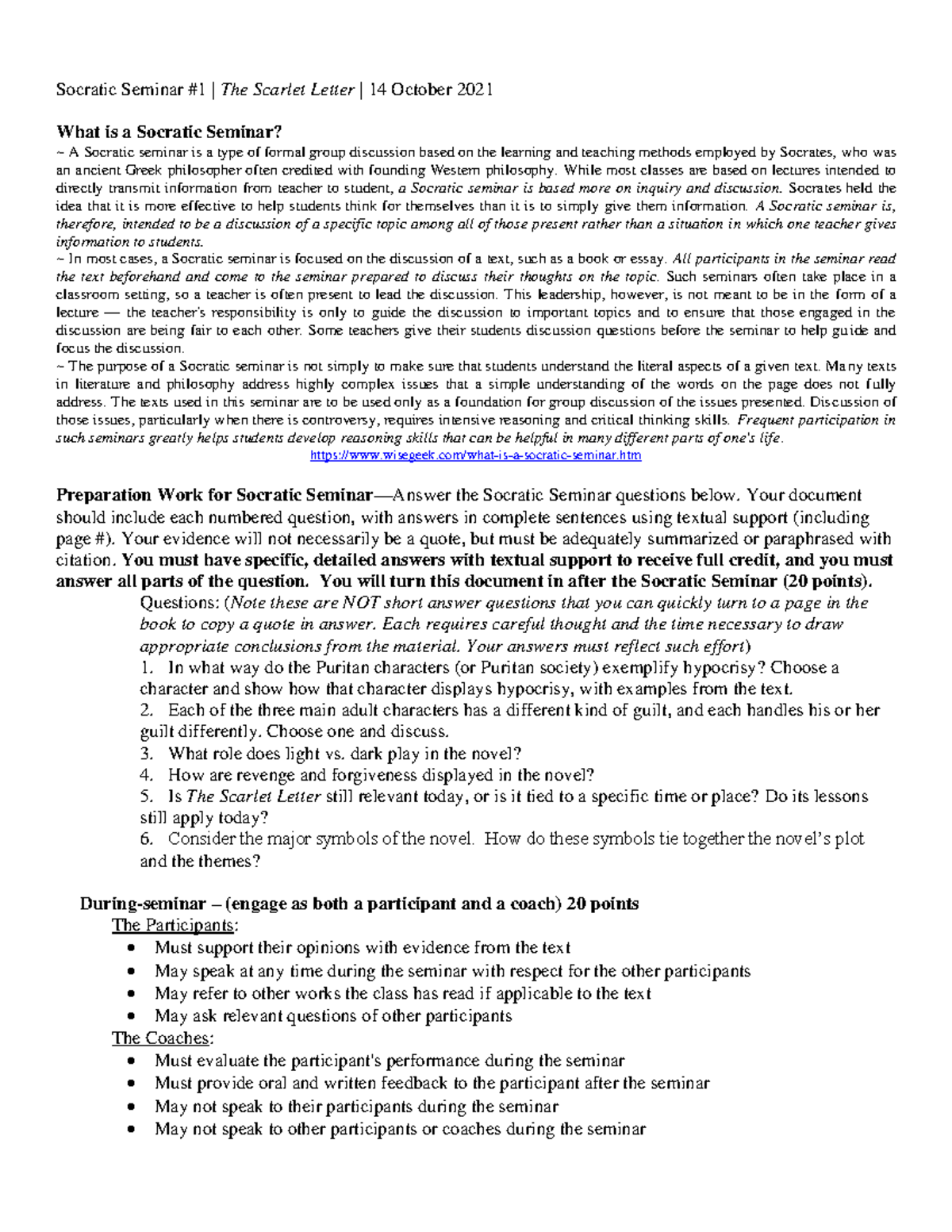 Scarlet Letter Socratic Seminar Prep Notes & Discussion Questions - Studocu