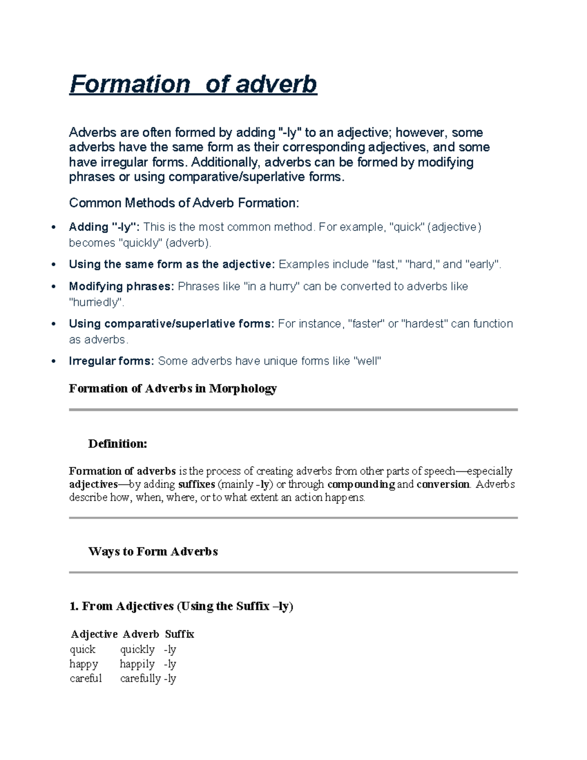 Formation of Adverbs: Methods and Morphology Insights - Studocu